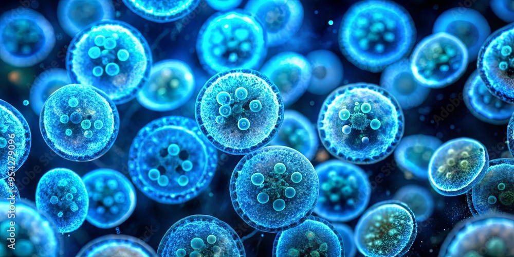 Bioluminescent algae cells glowing blue under a magnified microscope ...