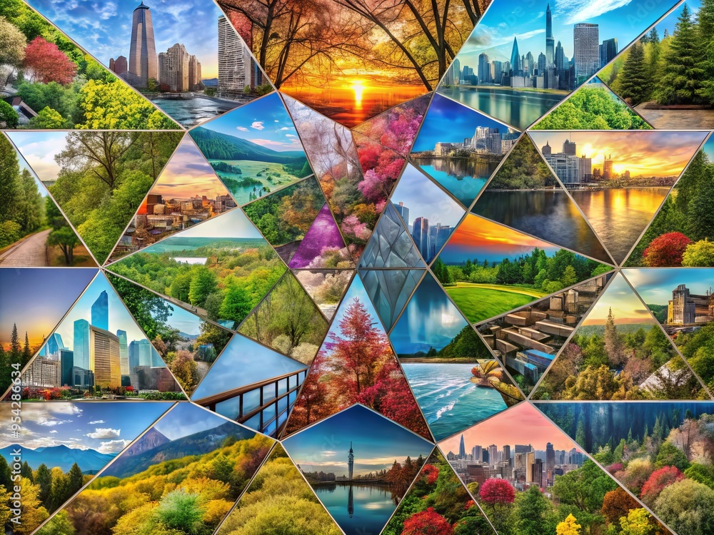 Vibrant abstract collage featuring layered fragmented images of ...