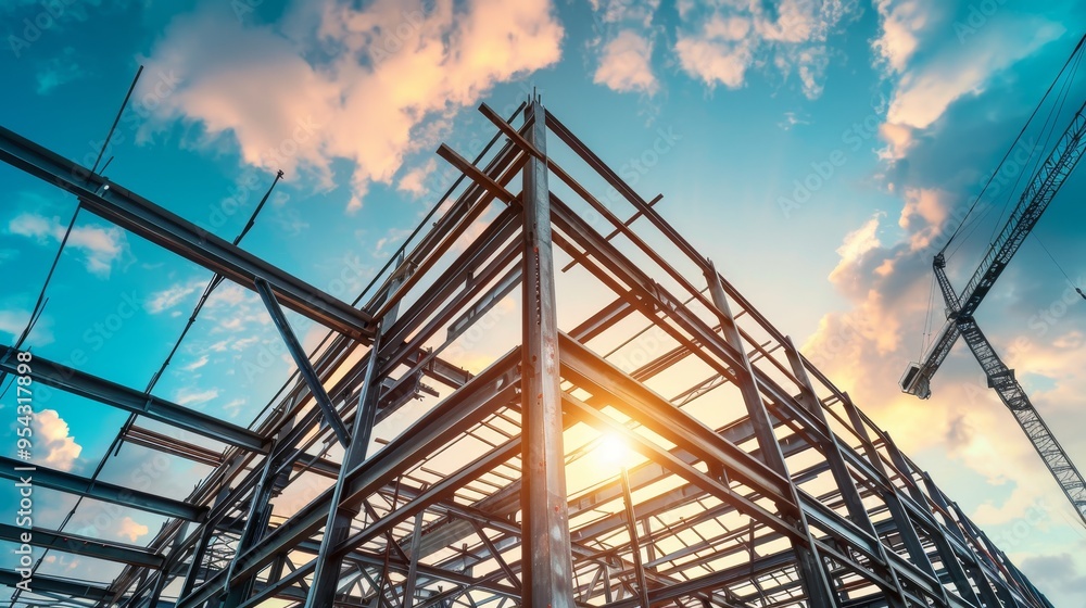 Steel roof truss framework at a construction site, showcasing a ...