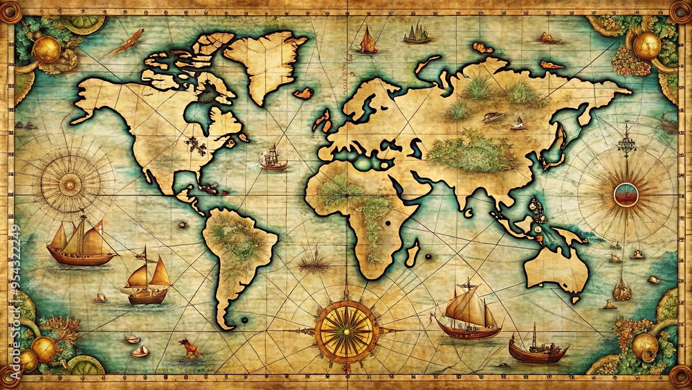Vintage nautical map with detailed s of coastlines, ships, and sea ...