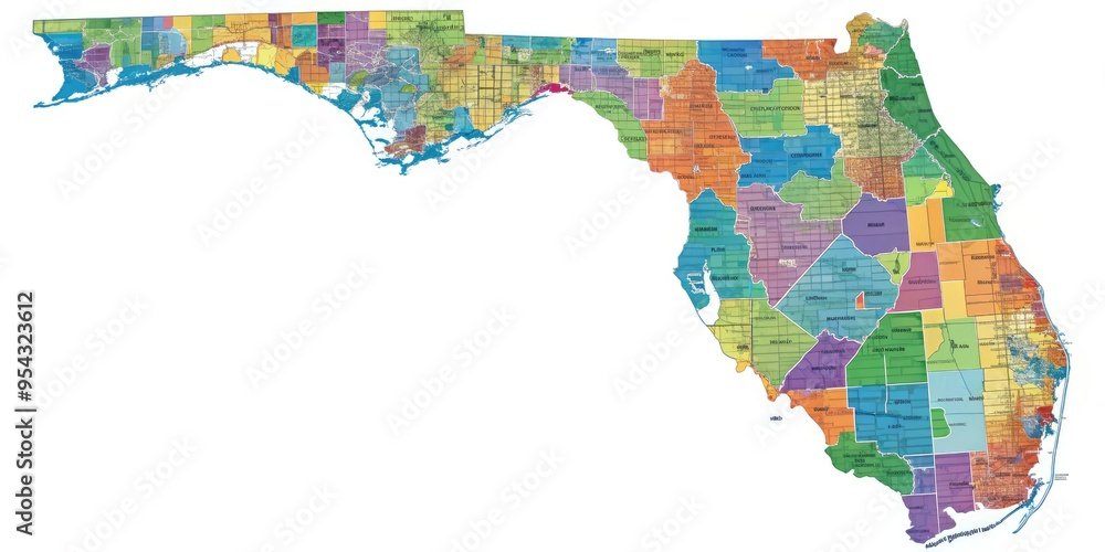 Vibrant colorful map of Florida's 67 counties, highlighting borders, cities, and waterways, with ...