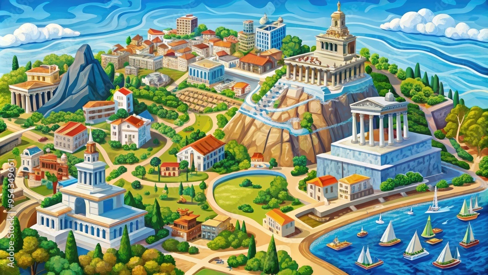 Vibrant illustration of Athens city map featuring iconic landmarks ...