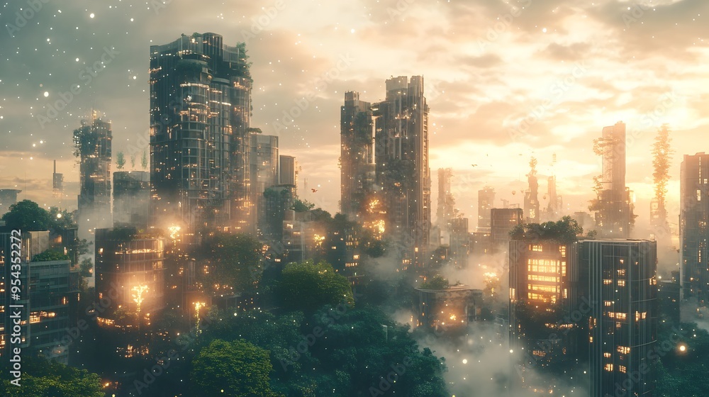Futuristic city in 2050 featuring towering skyscrapers and floating ...