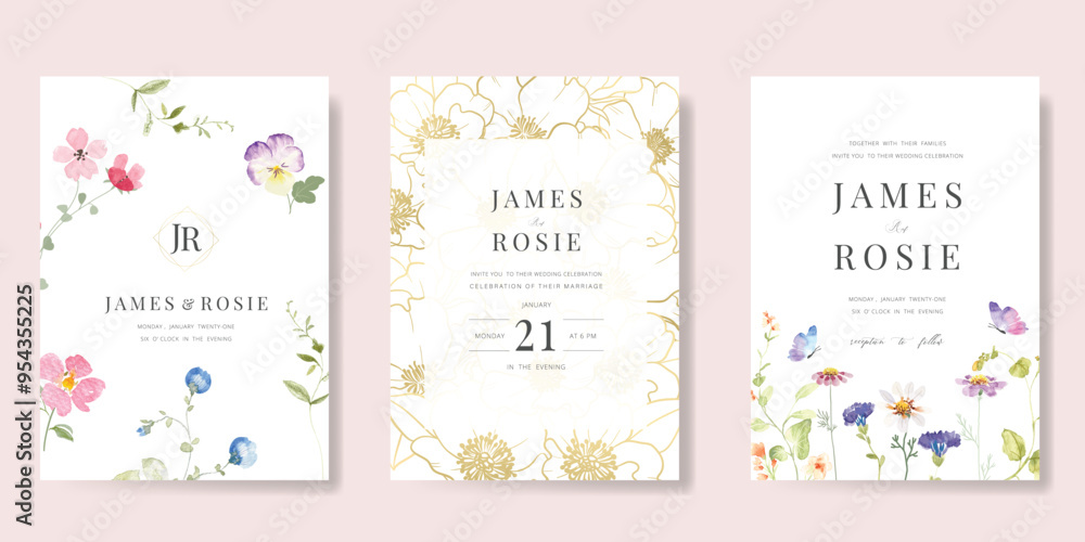 Elegant wedding invitation card background vector. Minimal hand painted ...