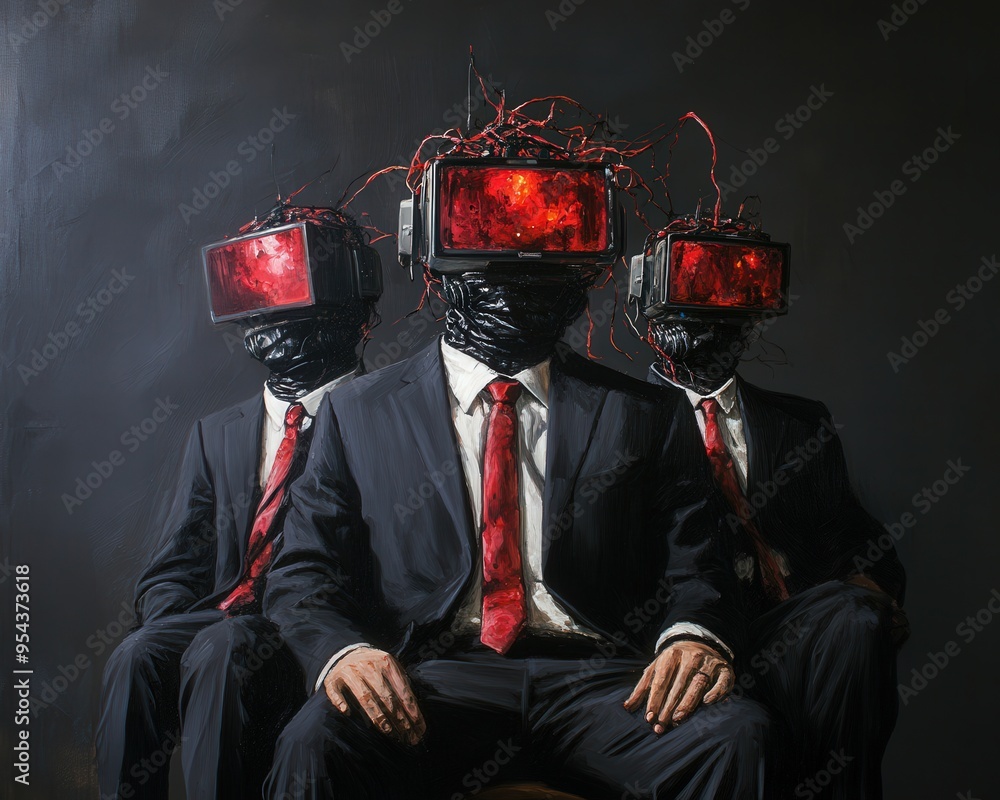 Surreal portrait of three suited figures with vintage TVs for heads ...