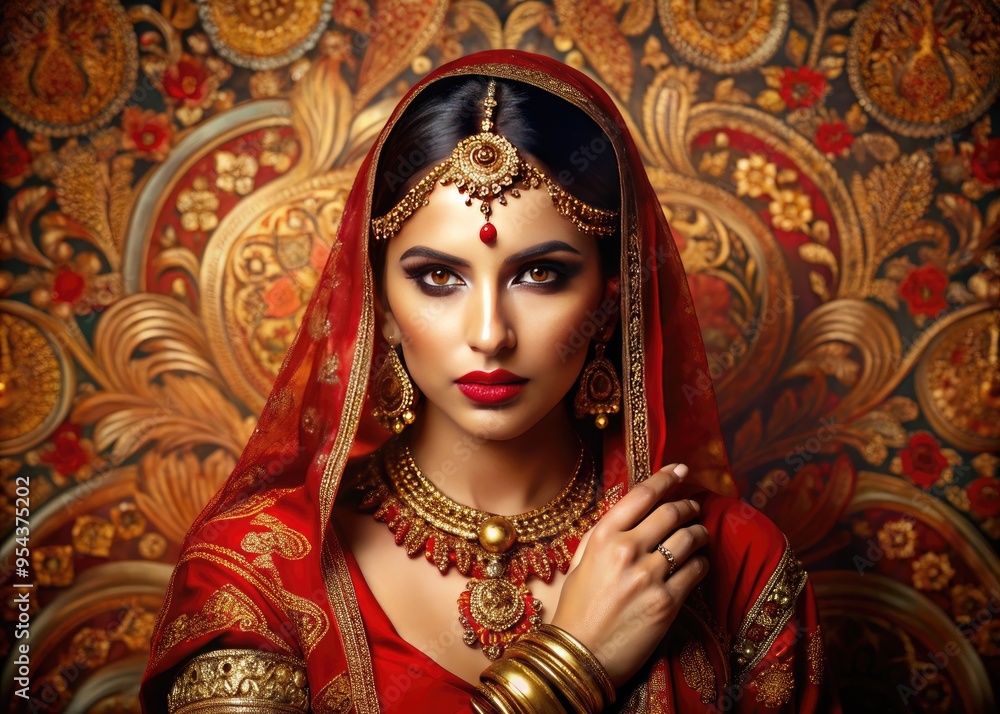 Vibrant red sari-clad woman with intricate henna designs and bold ...