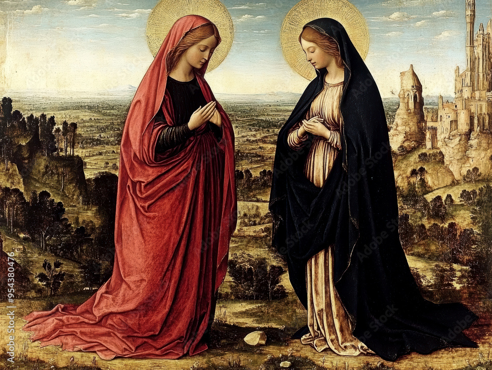 painting of the Visitation depicting the biblical scene in which a ...