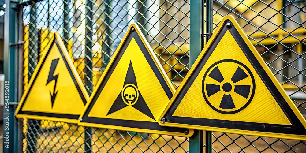 Vibrant yellow and black warning signs with bold fonts and pictograms ...