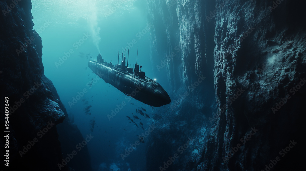 Foto de Stock Mariana Trench, dramatic view of submarine exploring the ...
