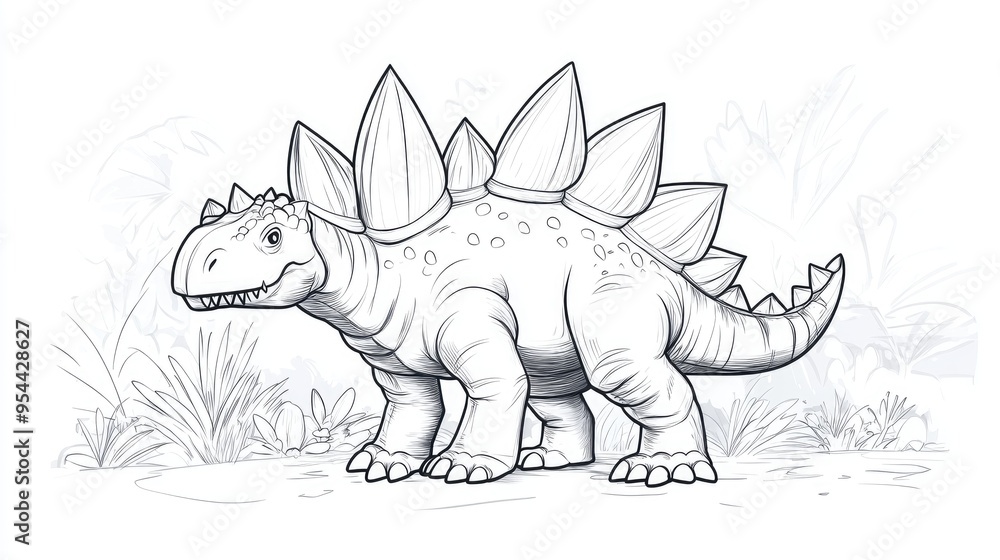 Line art illustration of a Stegosaurus dinosaur for kids to connect the ...