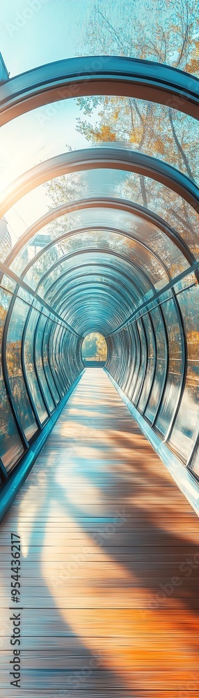 Modern glass tunnel bridge with wooden floor, leading lines, bright ...