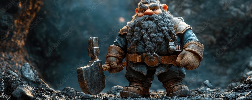 Forest dwarf miner, with a pickaxe, heavy boots, and a rugged, earthy ...