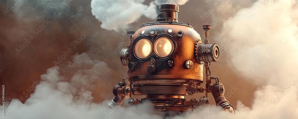 Steam-powered robot, with visible gears, a boiler, and puffing steam ...