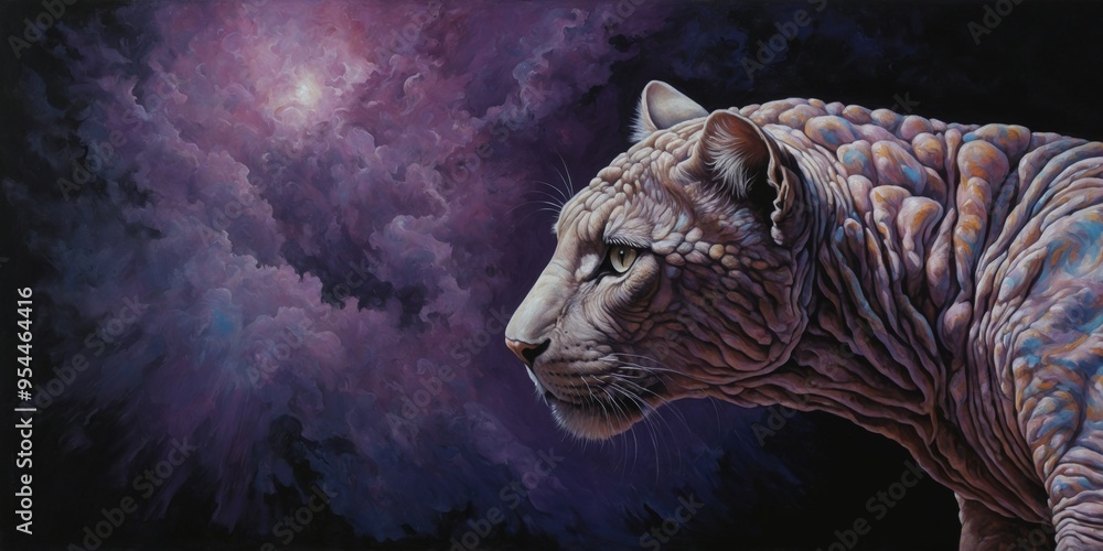 A strikingly vibrant sphinx with a mauve-tinted fur, its enigmatic gaze ...