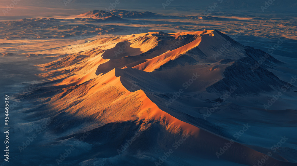 Namib Desert, view from above with undulating sand dunes like a sea of ...