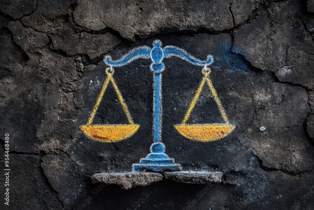 Colorful chalk drawing of justice symbols on a cracked concrete wall ...