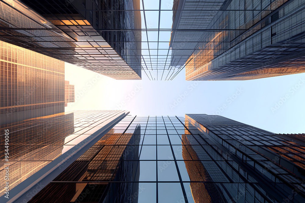 Reflective skyscraper business office buildings., Bottom up view of big ...
