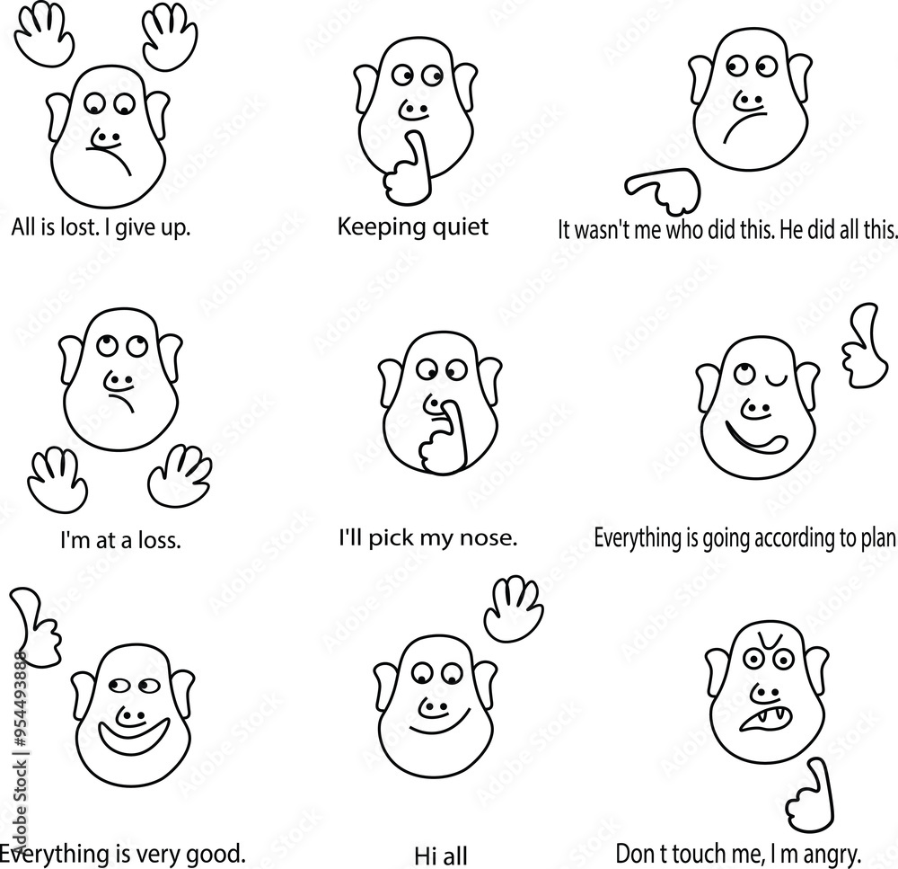 Memes about emotions. Faces in sight and hands. Black outline on ...