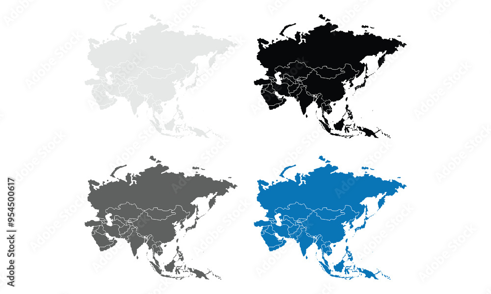 Detailed Map of Asia with isolated countries.China, India, Japan, South ...