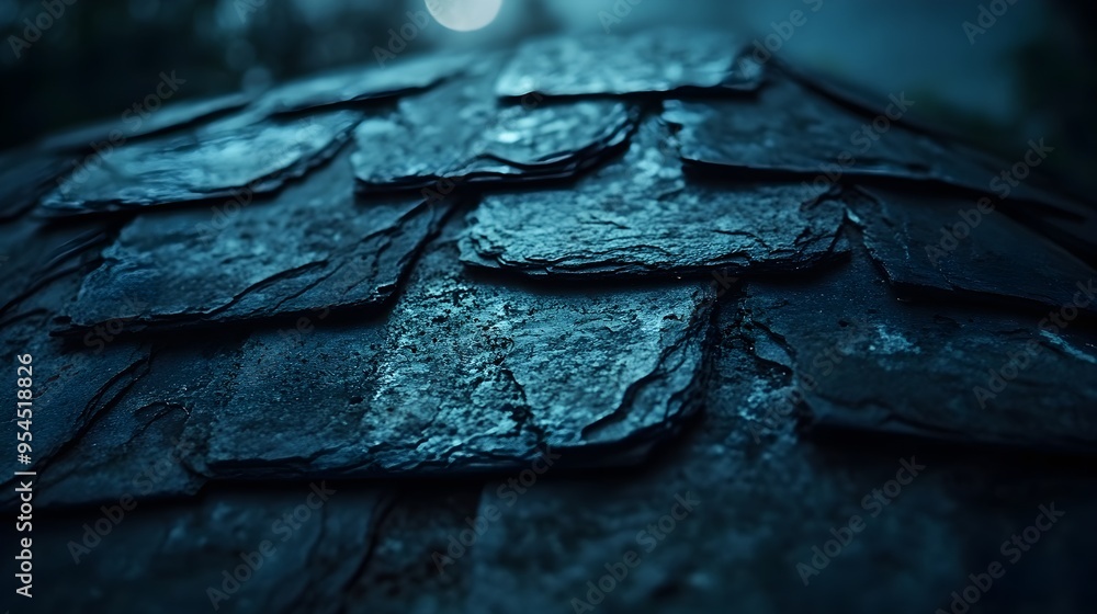 Detailed close-up of a shingle roof under moonlight, with deep shadows ...