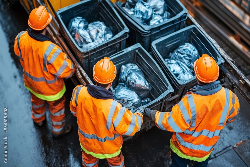 A group of garbage collection workers dressed in high-visibility orange ...