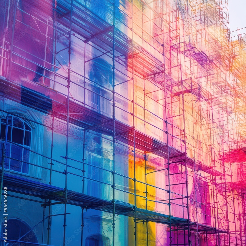 Vibrant scaffolding envelops a building, creating a spectacular blend ...