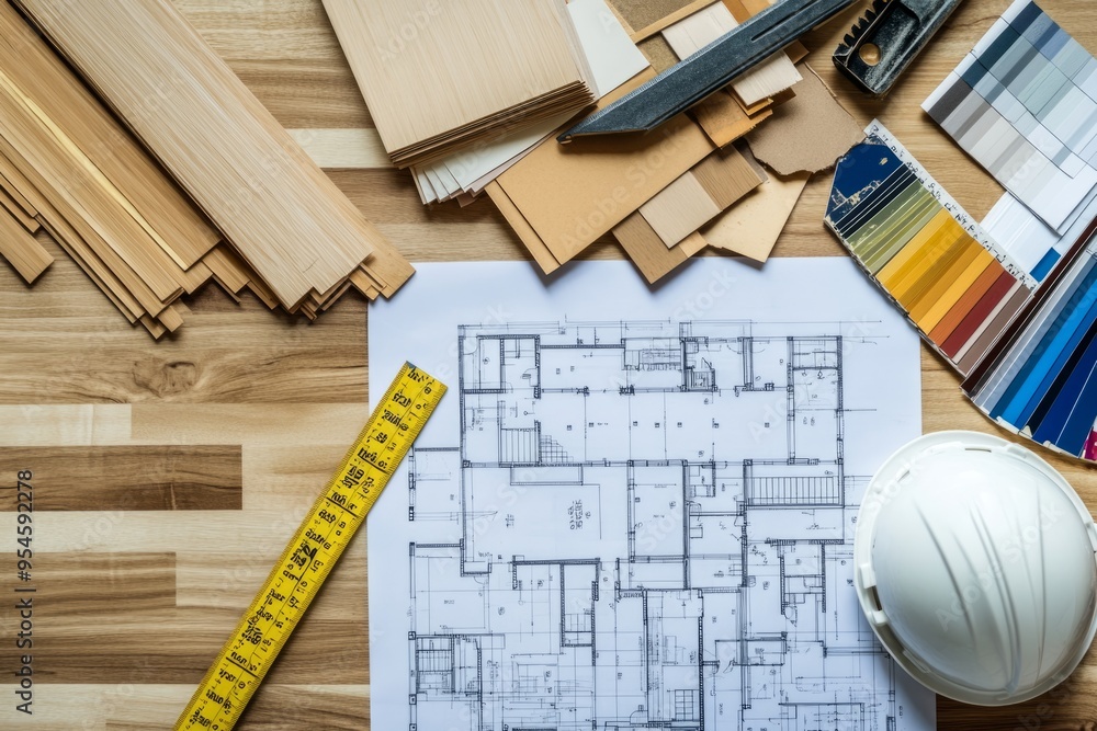 This image captures a construction workspace filled with materials and ...