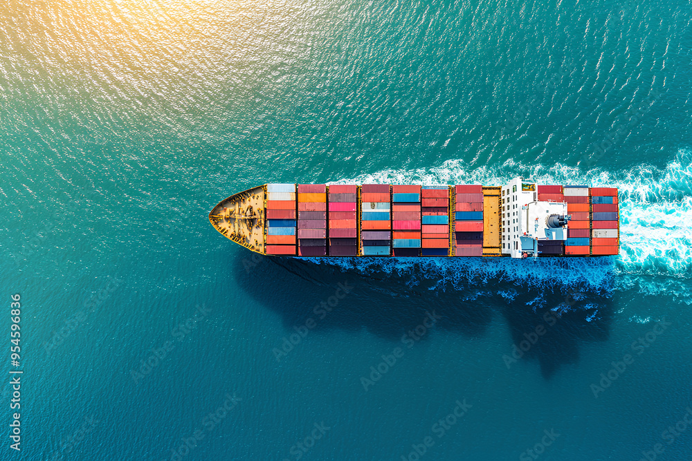A cargo ship sailing on the water, viewed from above, import and export ...