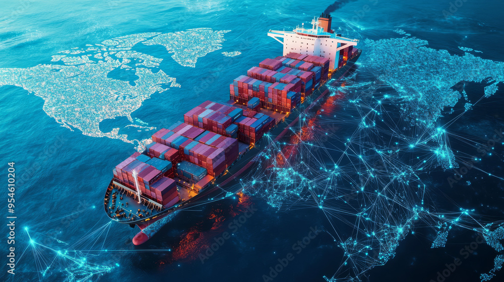 Ilustración de Stock AI-powered cargo ship technology for global ...