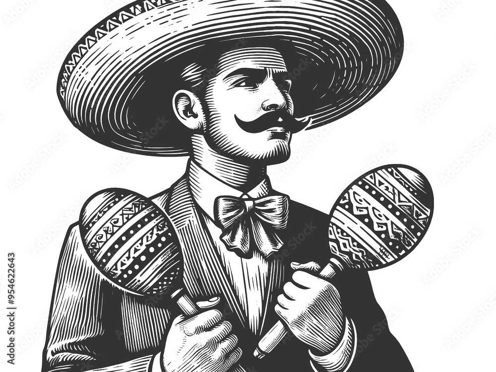 mariachi musician kneeling, playing maracas, traditional attire ...