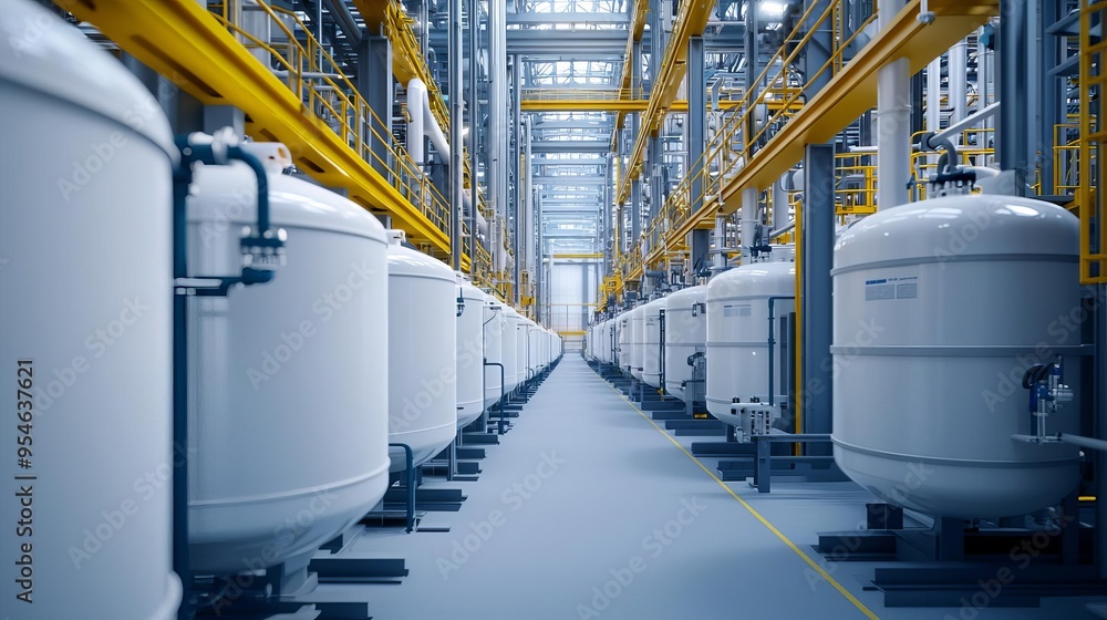 Modern factory interior featuring large storage tanks and industrial ...