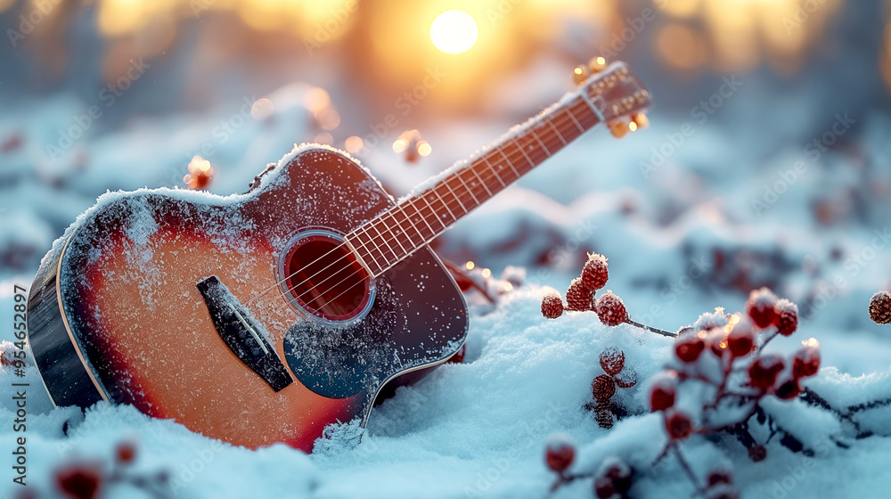 The acoustic guitar in winter with the snow background, the concept a ...
