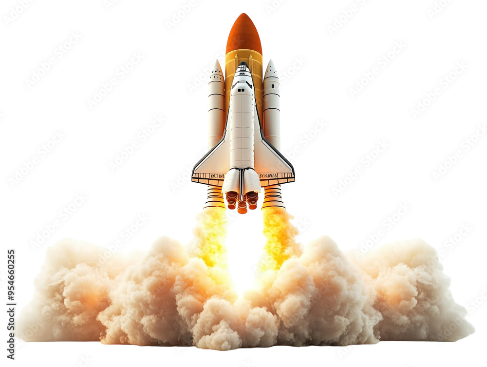 Space shuttle launch with smoke and flames, isolated on white ...