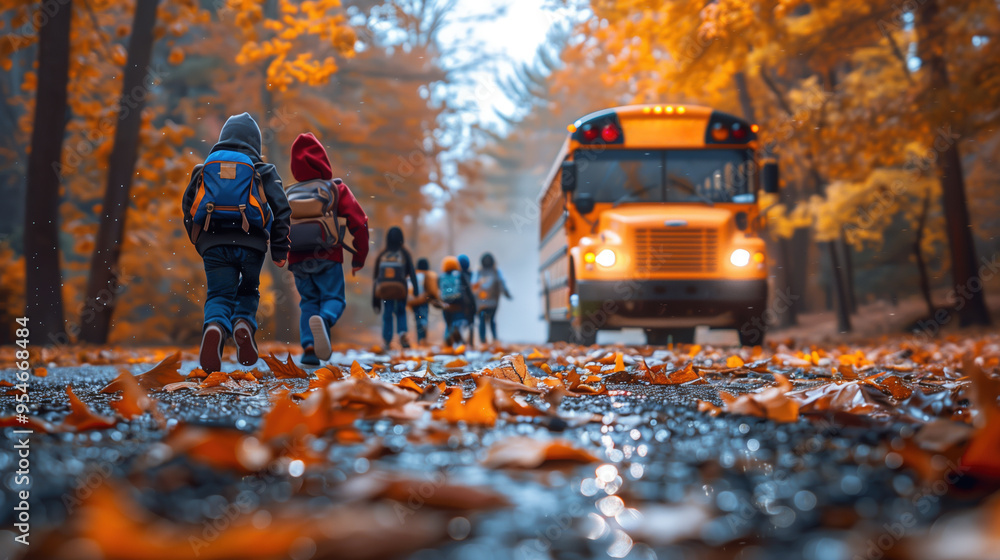 Cheerful children are ready to board the school bus. Group of happy ...