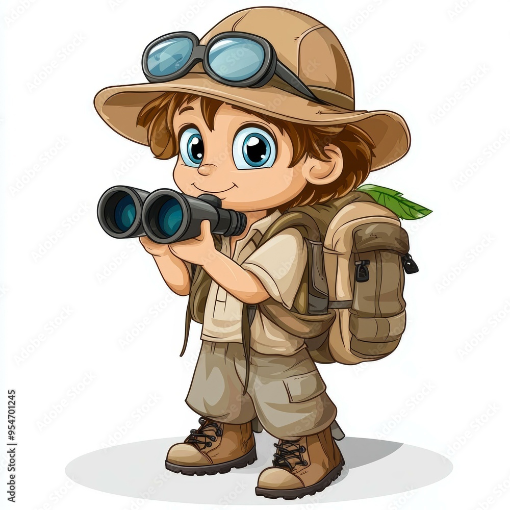 Cute cartoon explorer kid with binoculars and backpack, wearing ...