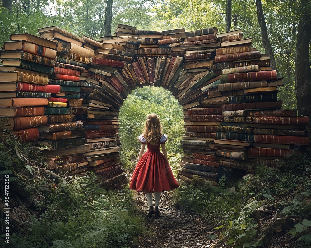 Visualize a realistic portrayal of a girl in Alice attire, moving ...