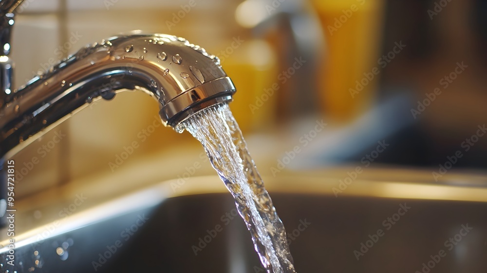 Closeup of a steady stream of clear transparent water flowing from a ...