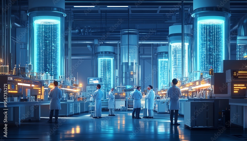 Create a modern laboratory scene where scientists celebrate a ...