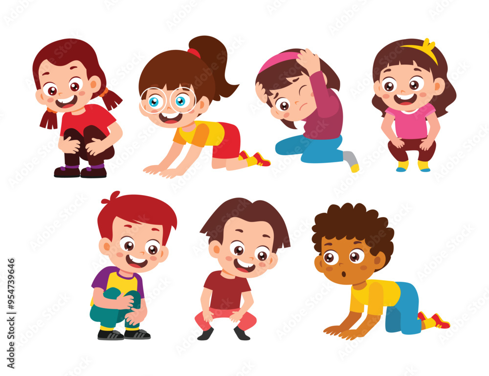 Set of cute little crouching kids cartoon characters with various ...
