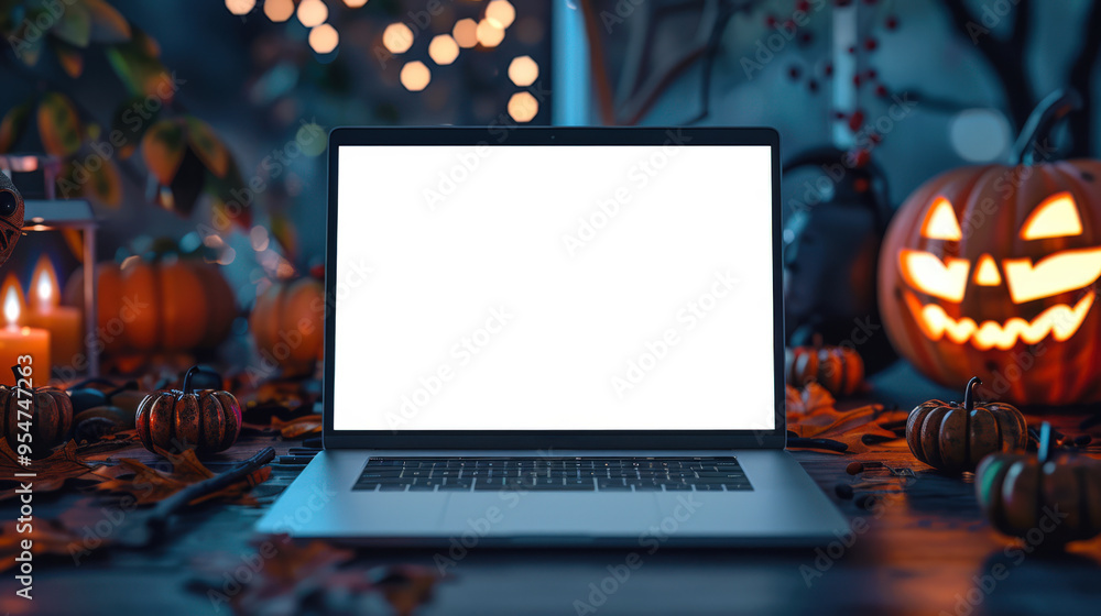Happy Halloween. There is an open laptop with a white screen on the ...