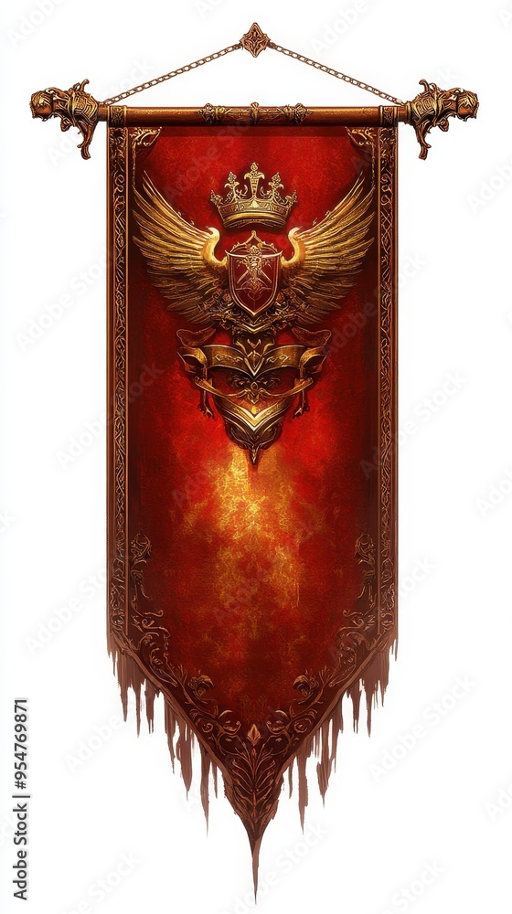 This ornate royal banner showcases intricate heraldic symbols in a bold ...