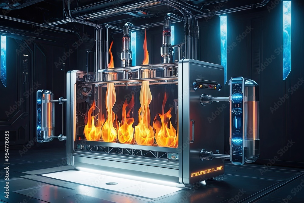 Futuristic Diagrams of a Cybernetic Flame Generator Featuring Advanced ...