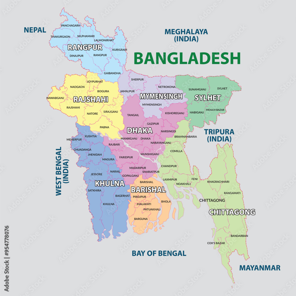 Vektor 64 districts under 8 divisions of Bangladesh map in English | 64 ...