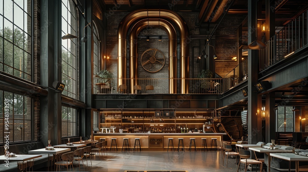 An interior design rendering of an industrial style restaurant in the ...