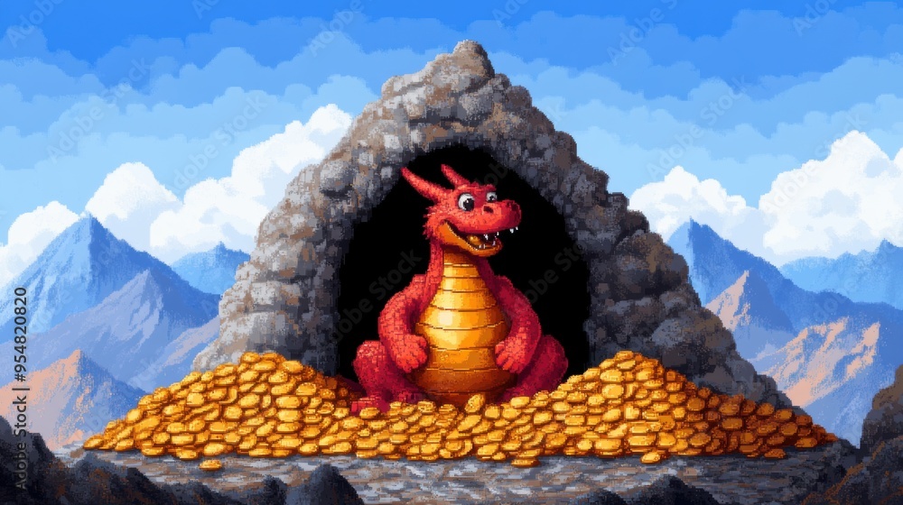 Mystical Pixel Art Dragon's Lair in Mountain Cave with Sleeping ...