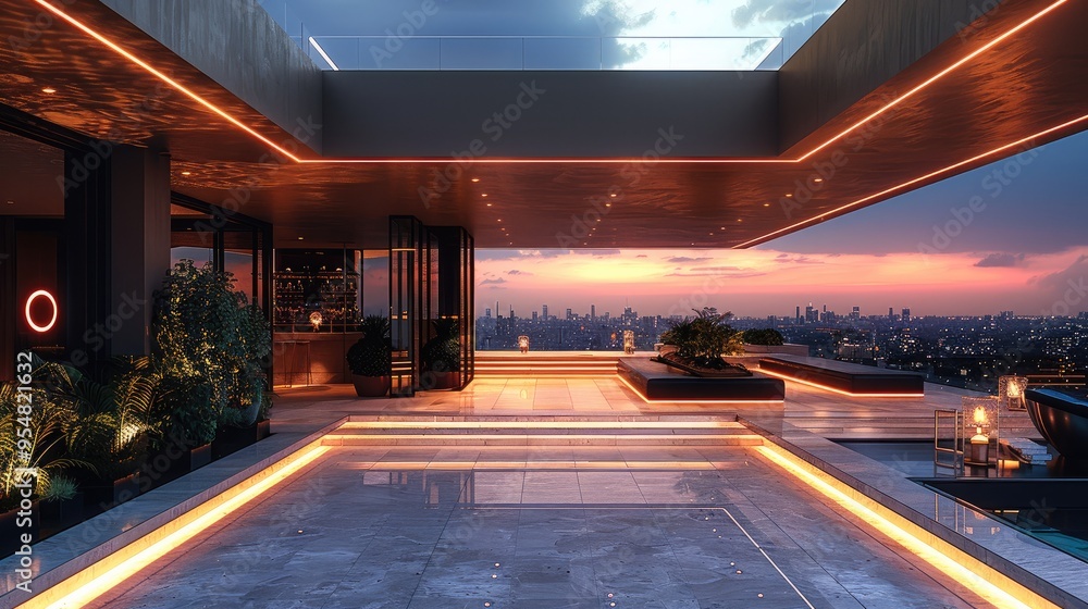 Entrance of a luxurious rooftop bar with panoramic city views ...