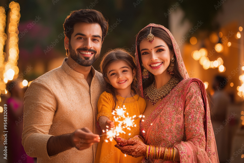 Indian family holding sparkle celebrating Diwali festival Stock Photo ...