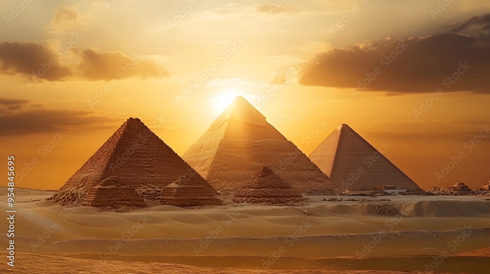 49. **Depict the Pyramids of Giza with a dramatic sunset sky casting ...