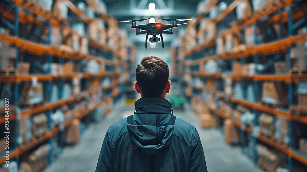A modern warehouse where a human operator is guiding drones through the ...