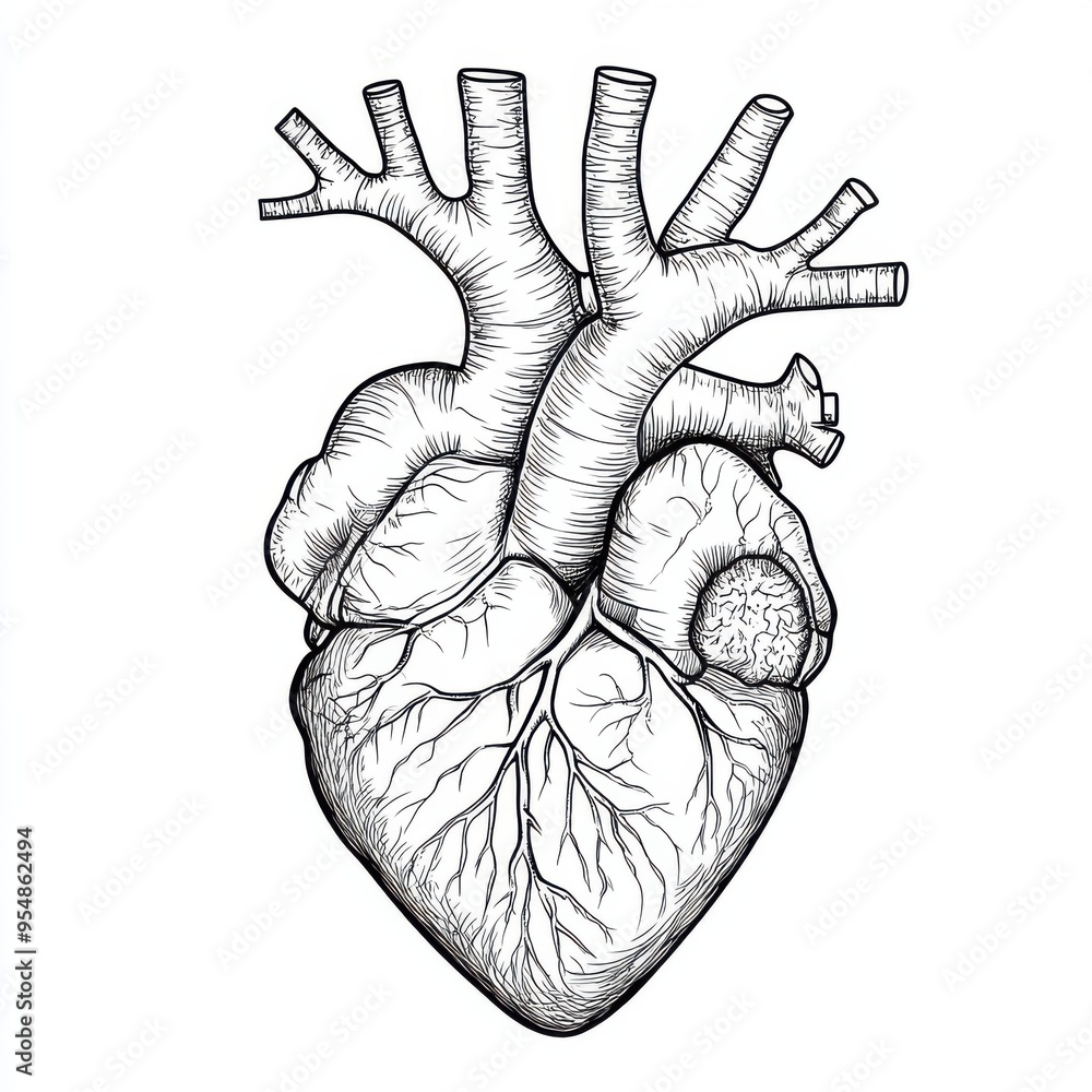 Detailed Black and White Outline of a Human Heart with Anatomical ...